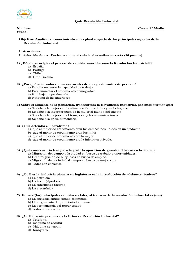Quiz sobre la Revolución Industrial | PDF | Revolución industrial ...