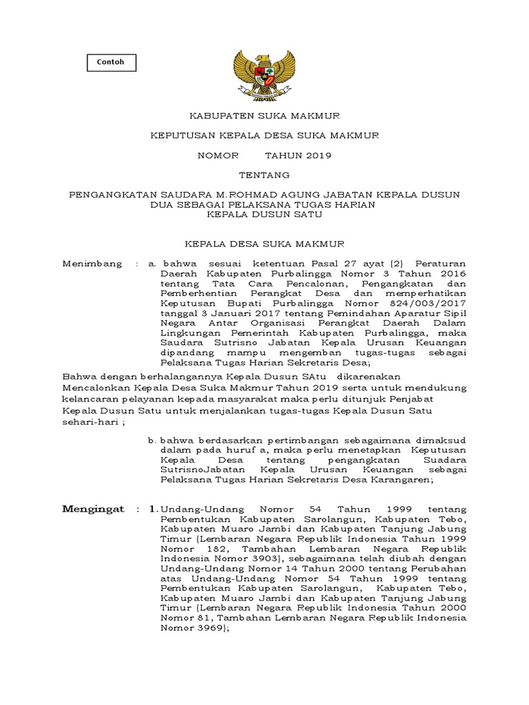 Contoh SK Pelaksana Tugas Harian Sekdes | PDF