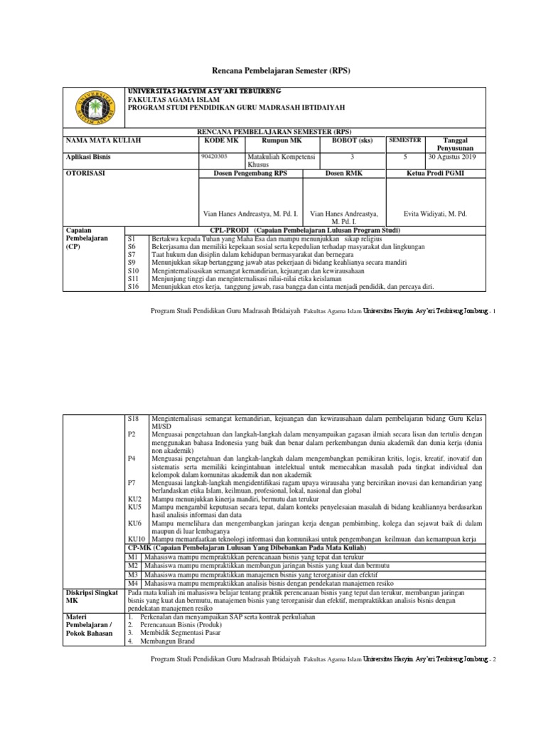Rps Pgmi Kwu III Aplikasi Bisnis | PDF | Karier & Perkembangan | Seni
