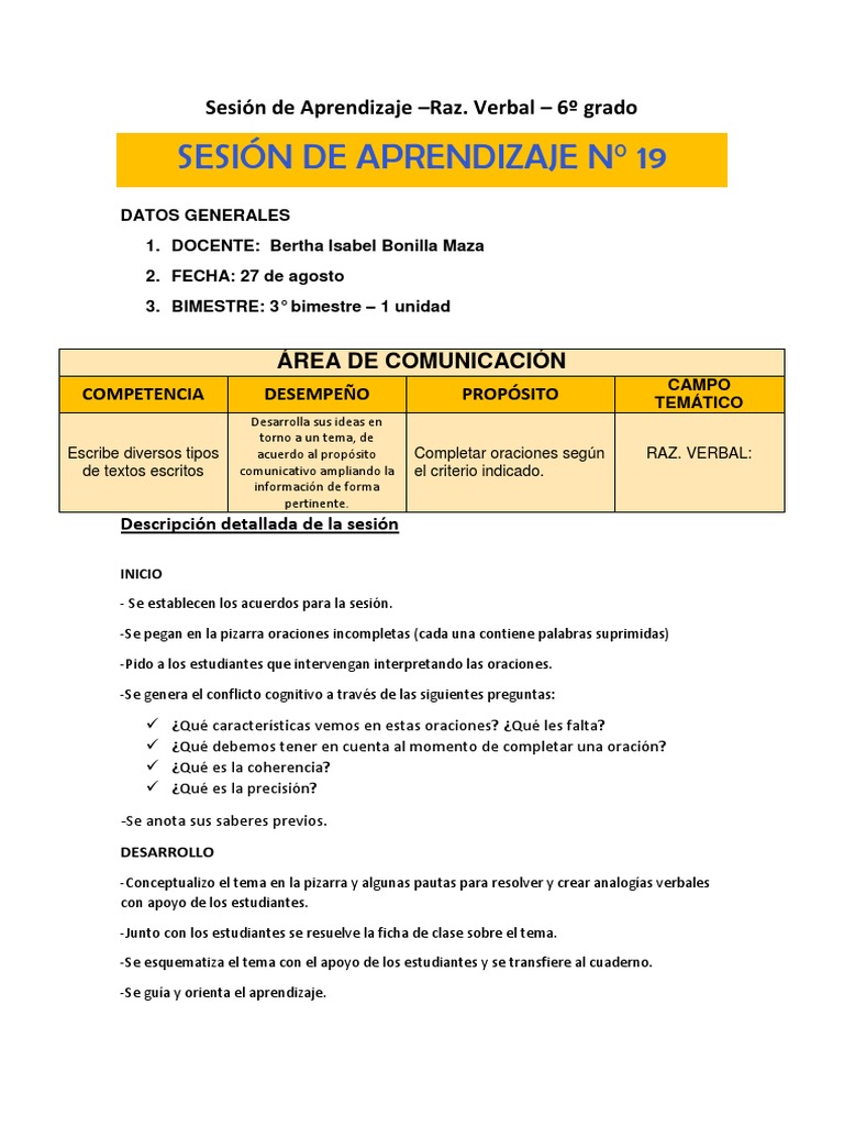 Sesión de Aprendizaje Oraciones Incompletas | PDF