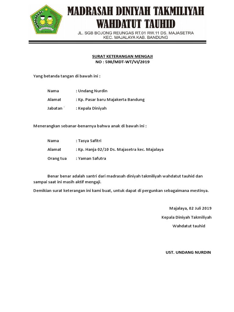 Surat Keterangan Mengaji Mda | PDF