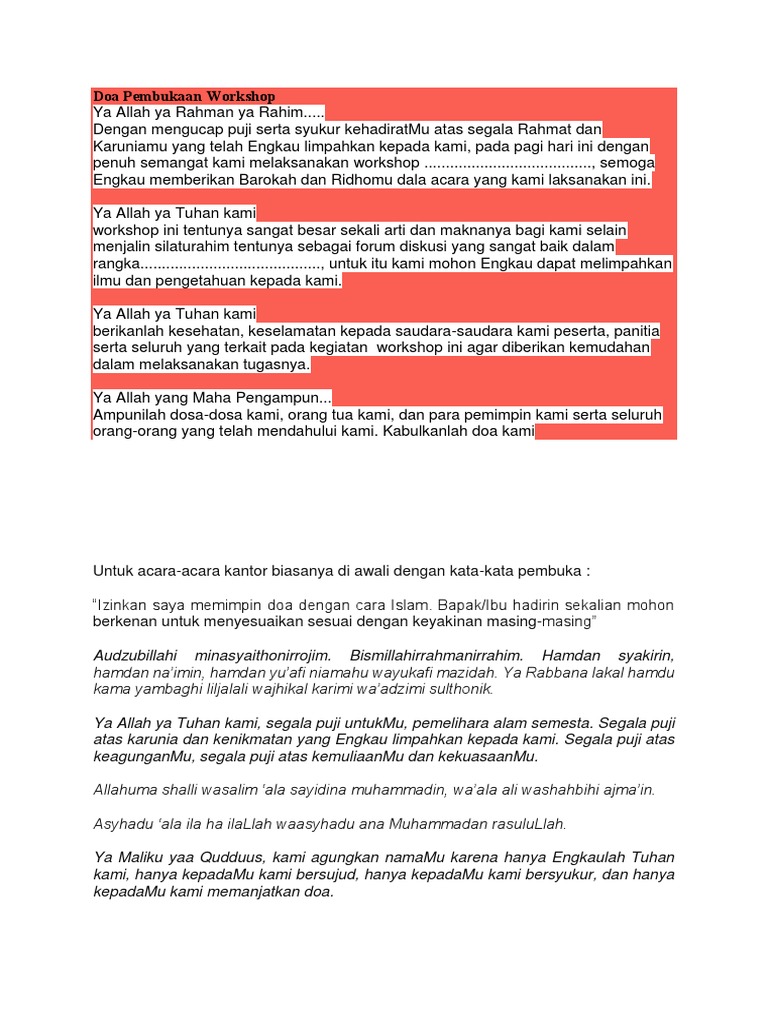 Doa Pembuka dan Penutup Workshop | PDF | Agama & Spiritualitas
