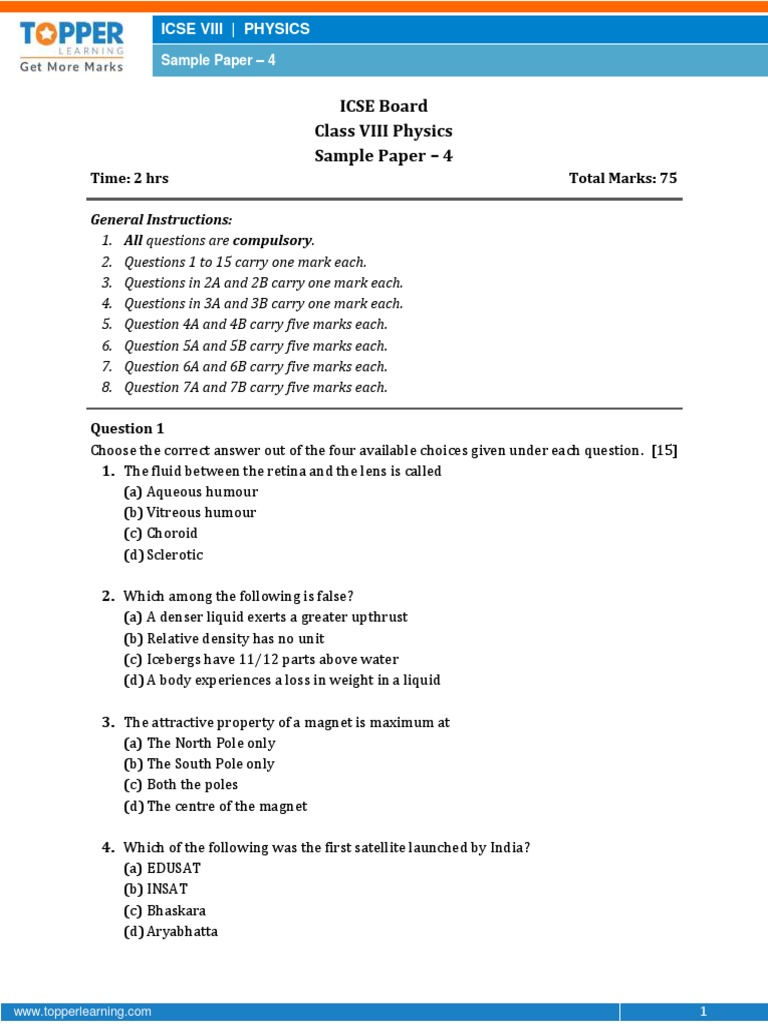 ICSE Board Class VIII Physics Sample Paper - 4: General Instructions ...