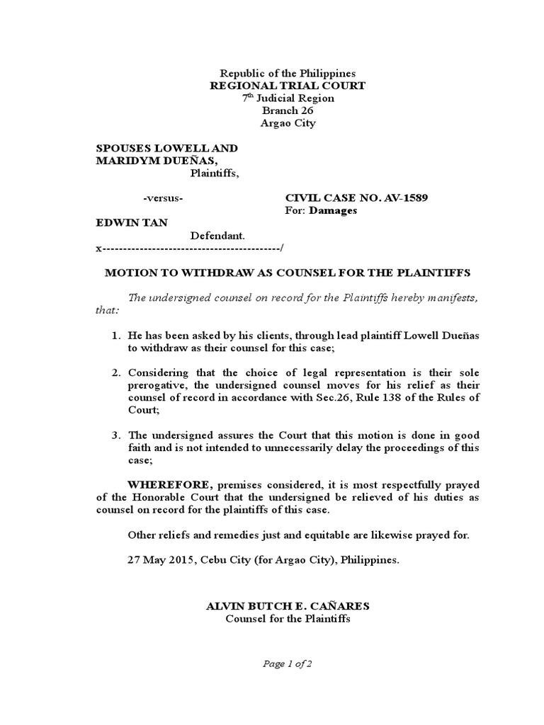 Motion To Withdraw As Counsel | PDF | Virtue | Common Law