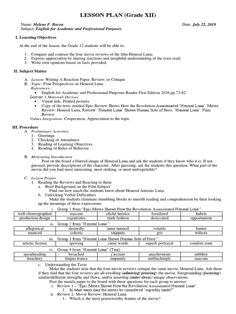 LESSON PLAN Grade 12 With Notes | PDF | Lesson Plan | Bias