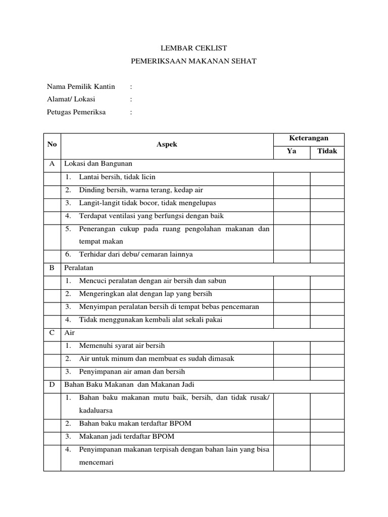 Lembar Ceklist Pemeriksaan Makanan | PDF