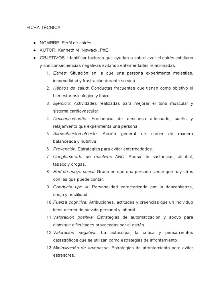 Ficha Técnica Perfil de Estrés de Kenneth Nowack | PDF | Estrés ...