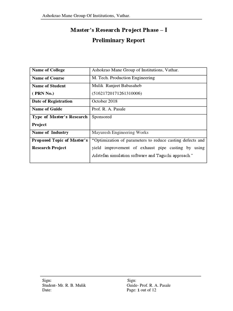 Master's Research Project Phase - I Preliminary Report: Mayuresh ...