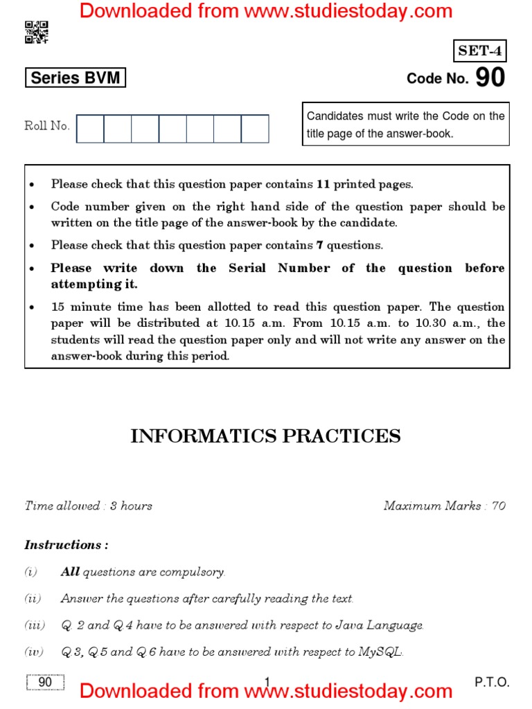 CBSE Class 12 Informatics Practices Question Paper Solved 2019 PDF ...