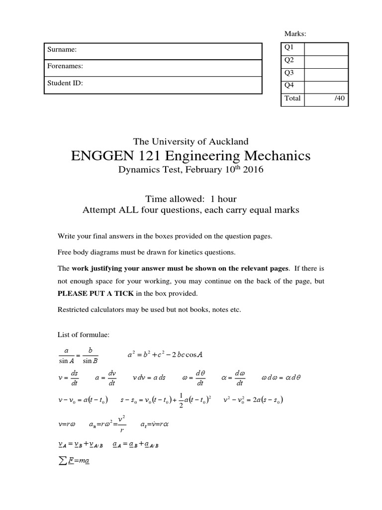 ENGGEN 121 Engineering Mechanics: The University of Auckland | PDF ...