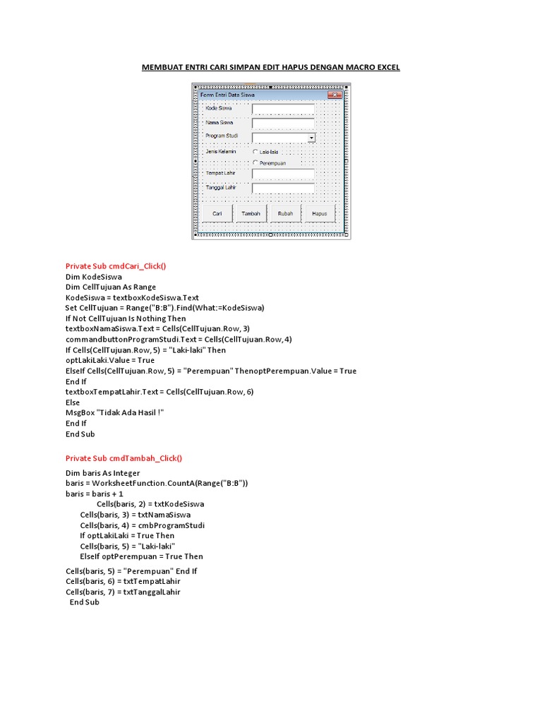 Membuat Entri Cari Simpan Edit Hapus Dengan Macro Excel | PDF