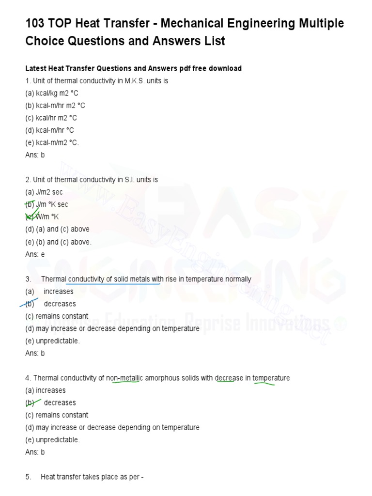 103 TOP Heat Transfer - Mechanical Engineering Multiple Choice ...