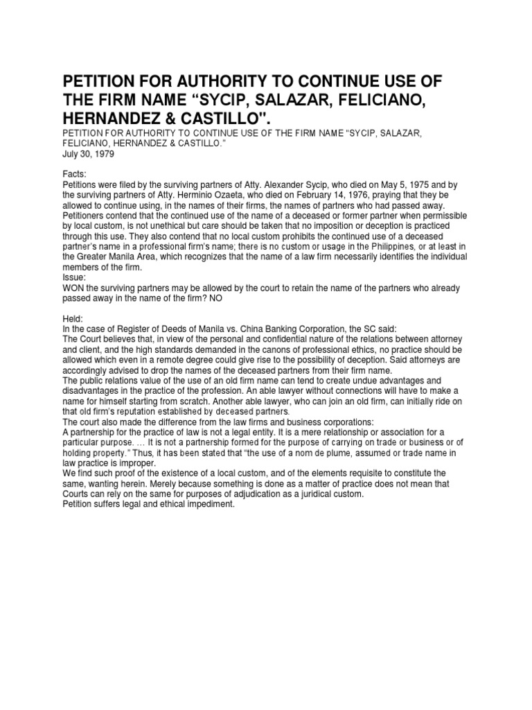 Petition For Authority To Continue Use of The Firm Name Sycip Etc ...