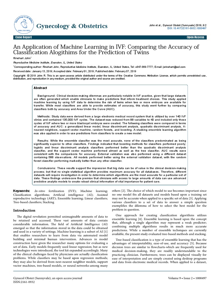 An Application of Machine Learning in Ivf Comparing The Accuracy of Classification Alogithims ...