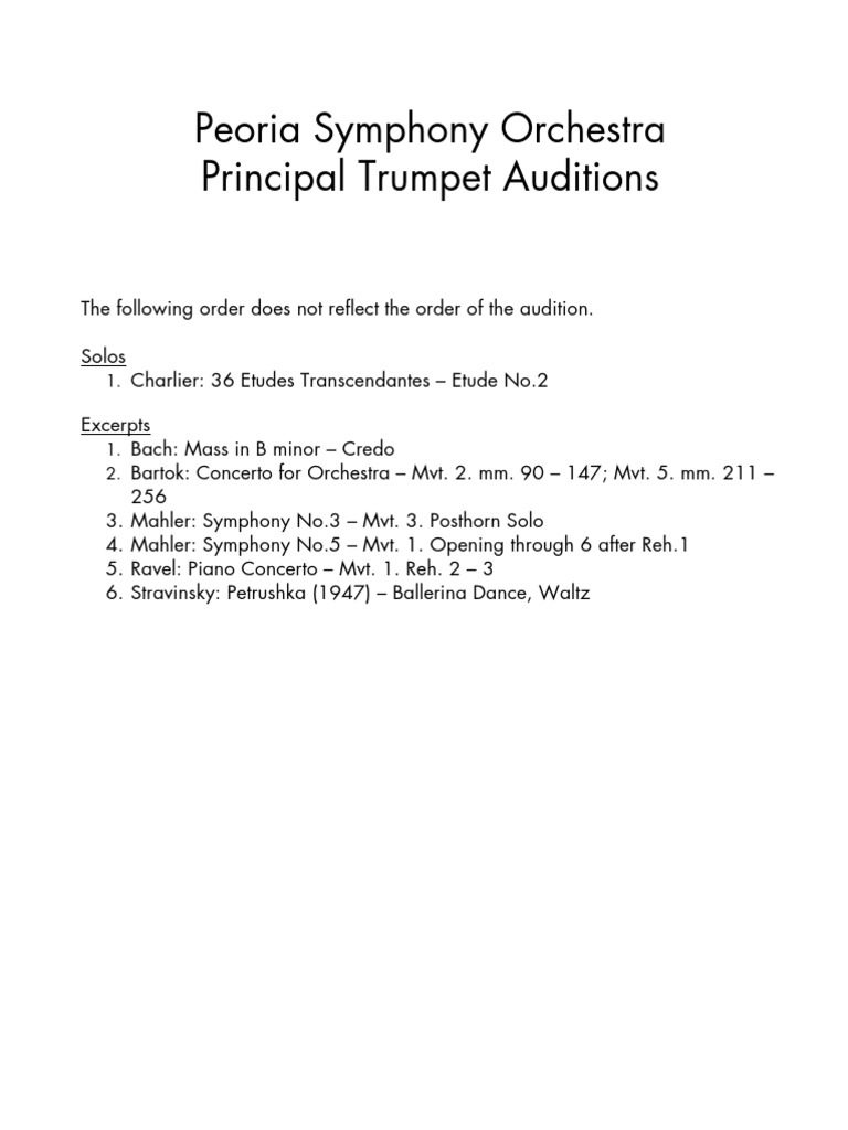 Peoria Symphony Orchestra Principal Trumpet Auditions | PDF
