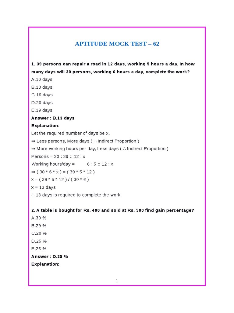 Aptitude Mock Test - 62 | Download Free PDF | Speed | Volume