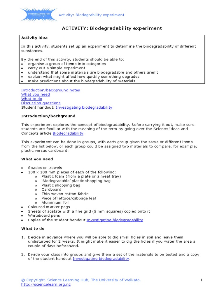 ACTIVITY: Biodegradability Experiment | PDF | Biodegradation | Experiment