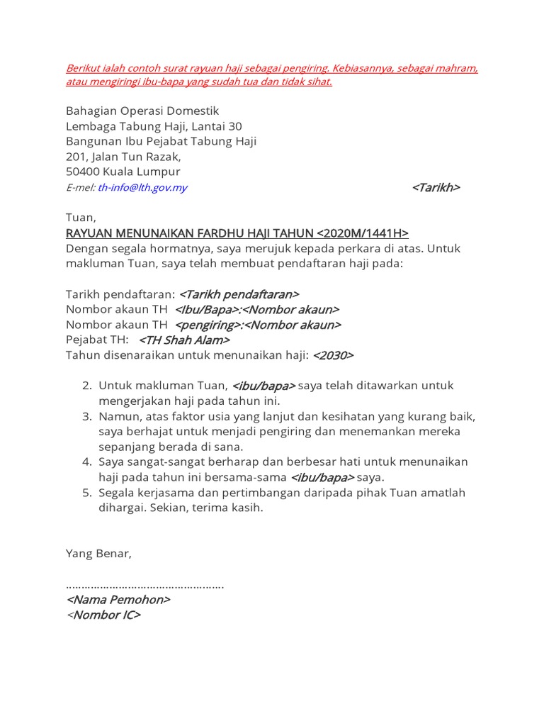 Contoh Surat Rayuan Haji - Pengiring | PDF