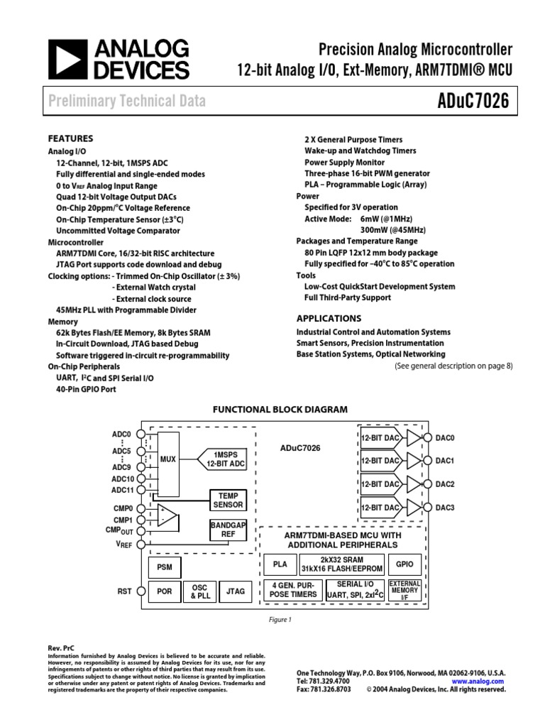 Aduc7026: Preliminary Technical Data | PDF | Arm Architecture | Analog To Digital Converter