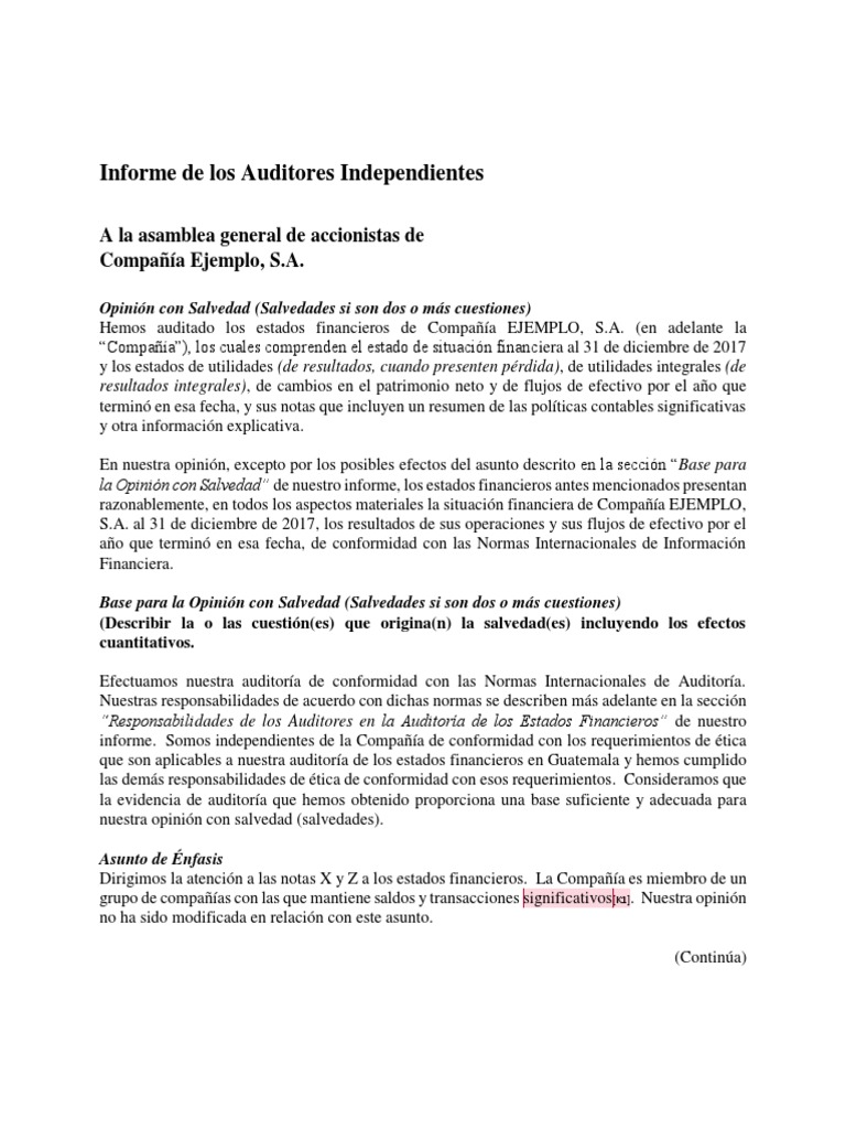 Ejemplo de Opinion Con Salvedad Con Limitaci‡n | Auditoría | Estado financiero