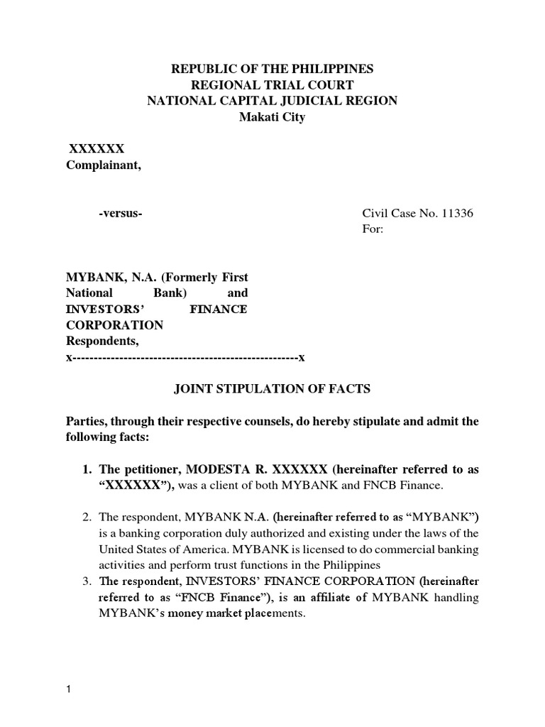 Practice Court - Joint Stipulation of Facts | PDF | Banks | Loans