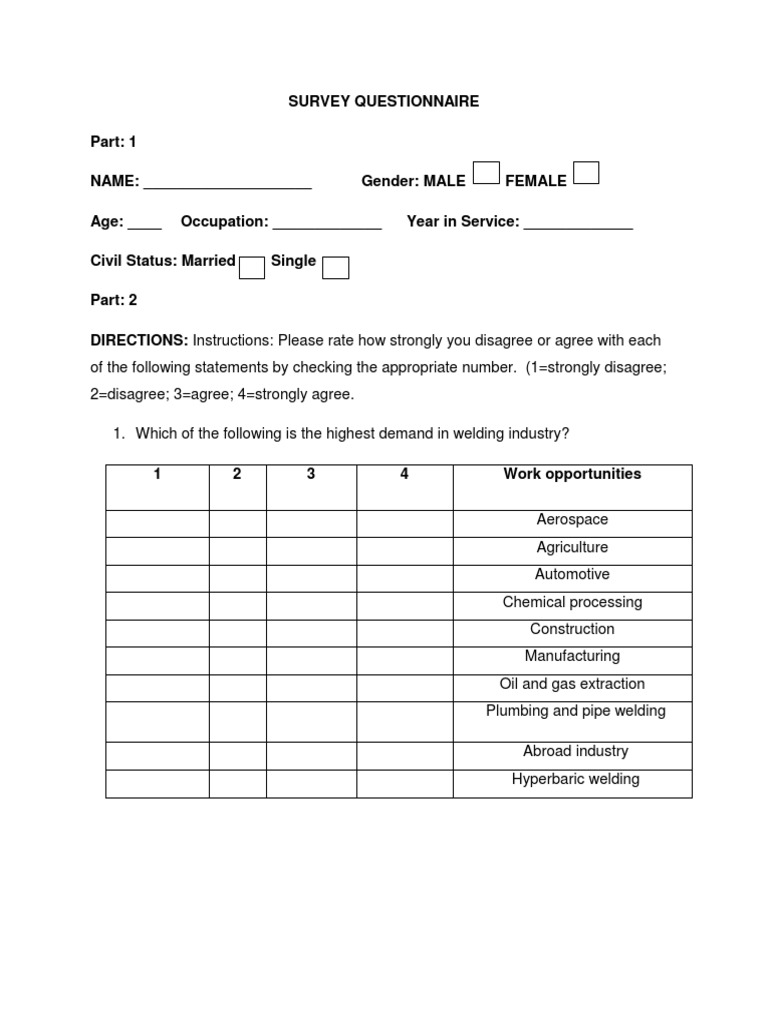 Survey Questionnaire - Docx Revised | PDF | Metalworking | Welding