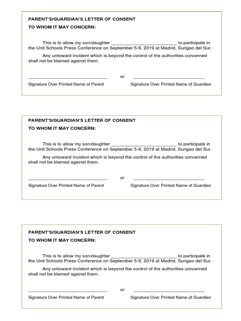 Parent'S/Guardian'S Letter of Consent To Whom It May Concern | PDF