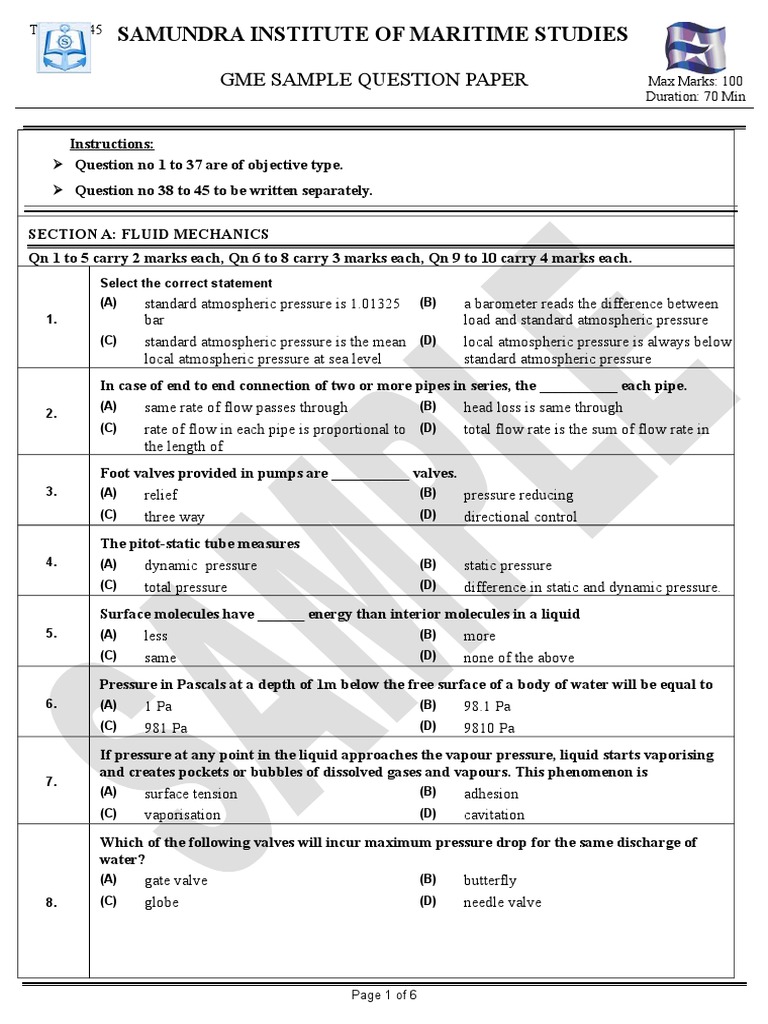 Gme Sample Question Paper | PDF | Pressure | Fluid Mechanics