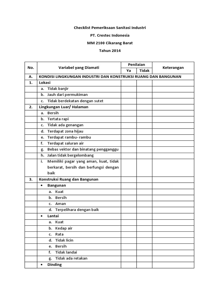 Checklist Pemeriksaan Sanitasi Industri | PDF | Teknologi & Rekayasa
