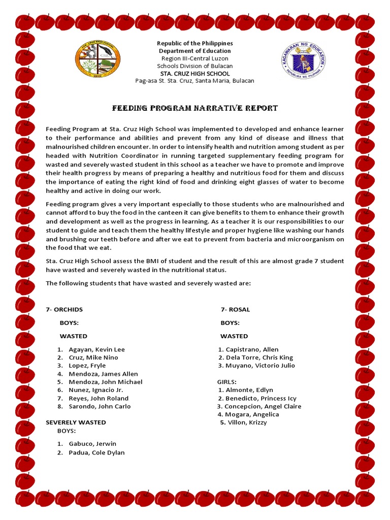 Feeding Program Narrative Report Sy 2018 - 2019 | PDF | Malnutrition | Foods