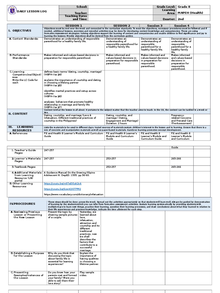 Daily Lesson Log Grade 8 MAPEH (Health) 2nd Session 1 Session 2 Session 3 Session 4 | PDF ...