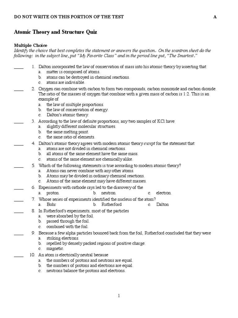 High School Chemistry Quiz | PDF | Atoms | Electron