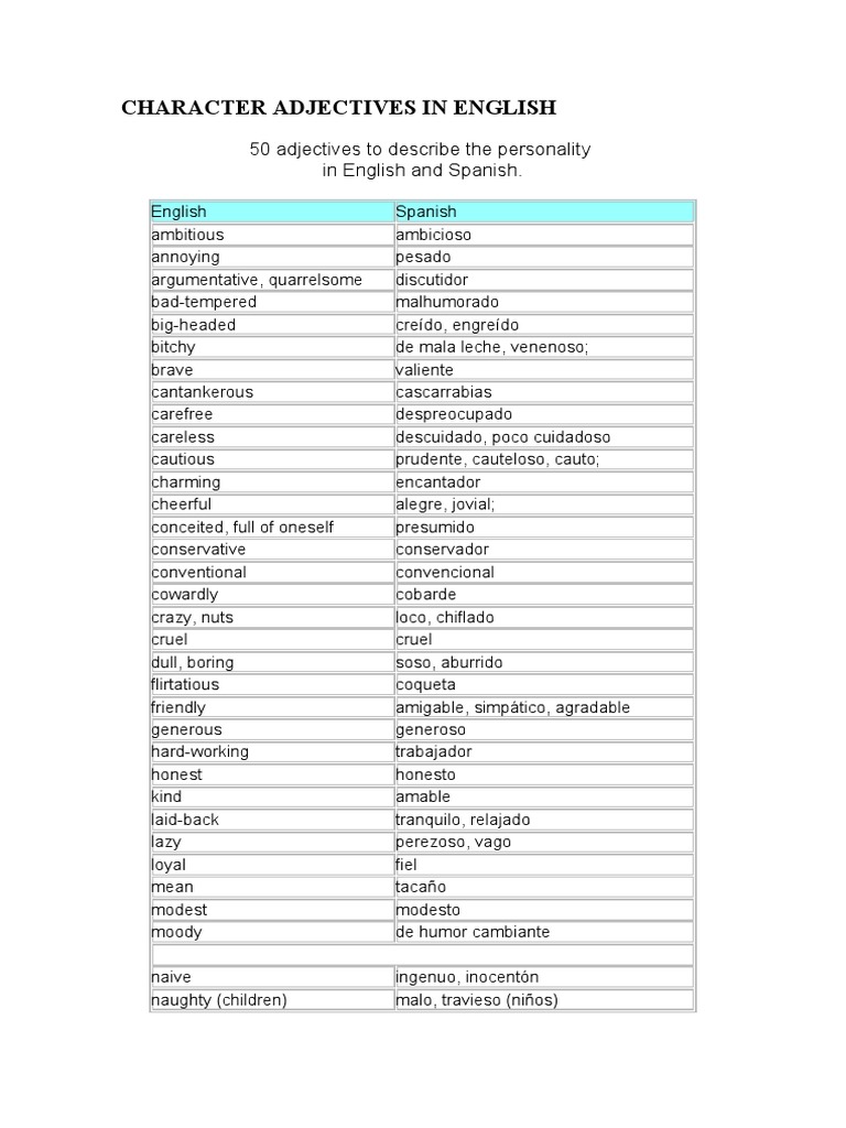 Character Adjectives in English | PDF