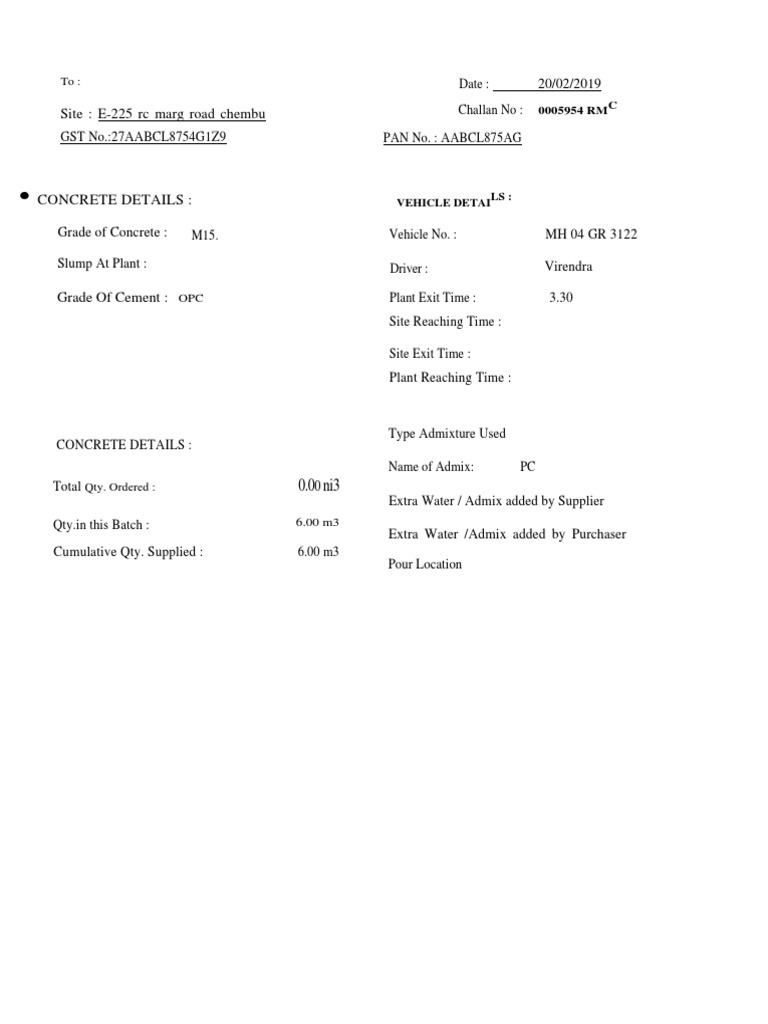RMC Bill Format From Plant | PDF
