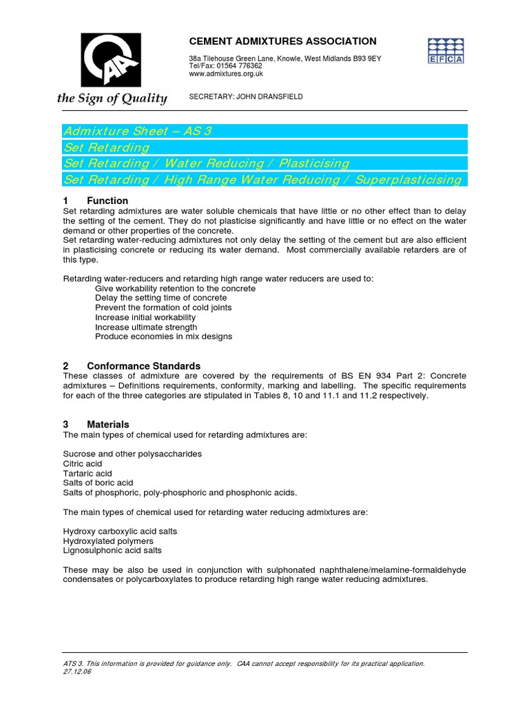ATS 3 Retarding Admixtures PDF | PDF | Dose (Biochemistry) | Chemistry