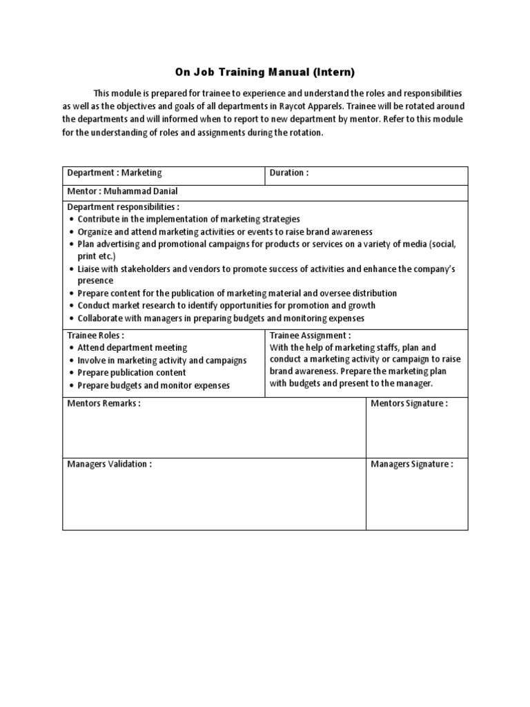 On Job Training Manual Download Free Pdf Mentorship Employment