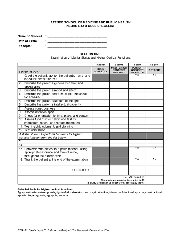 Neuro Exam OSCE Checklist Guide | PDF | Anatomical Terms Of Motion ...