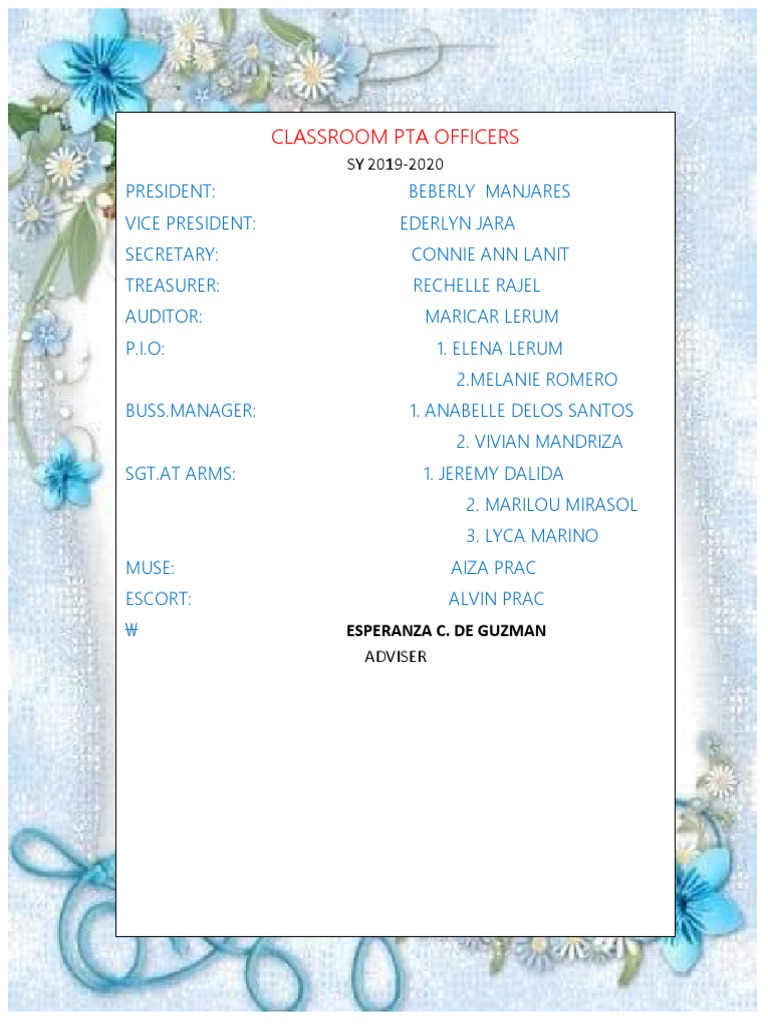 Classroom Pta Officers: Esperanza C. de Guzman | PDF