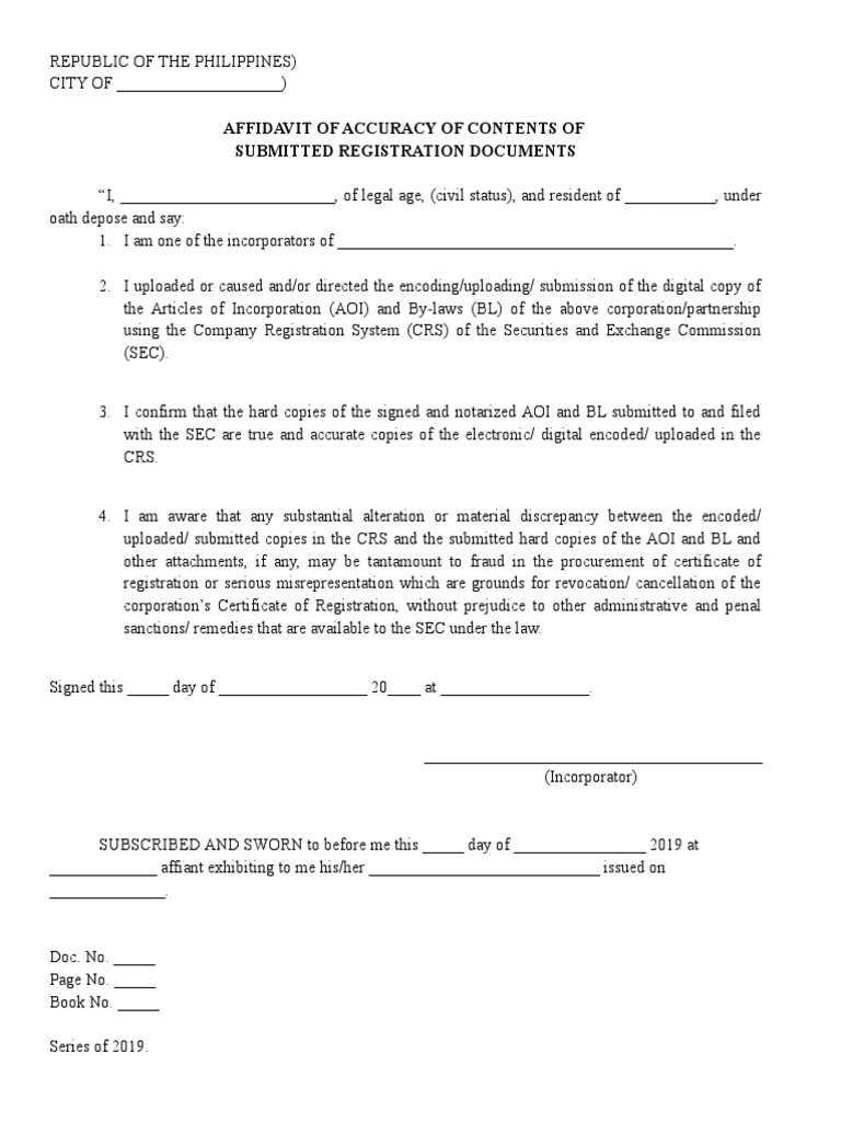 AFFIDAVIT OF ACCURACY OF CONTENTS OF SUBMITTED REGISTRATION DOCUMENTS ...