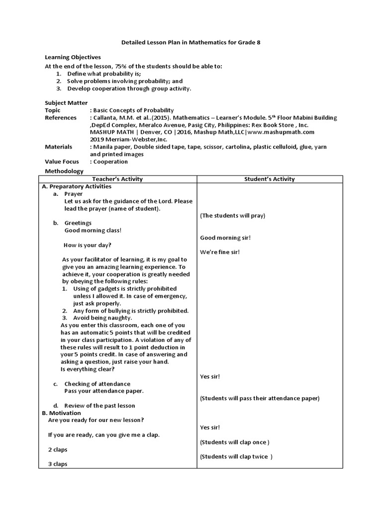 Detailed Lesson Plan in Mathematics For Grade 10 | PDF | Probability | Odds