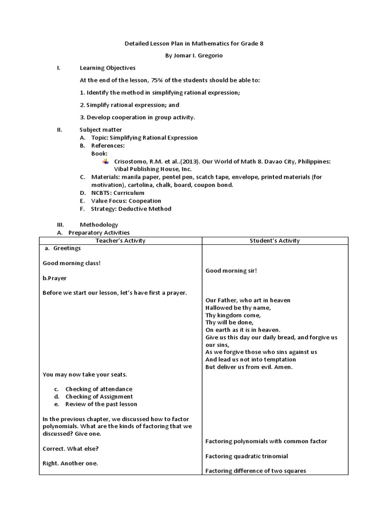 Lesson Plan For Grade 8 (Simplifying Rational Expression) | PDF ...