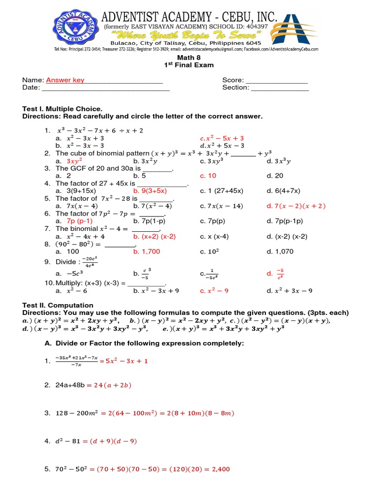 Math 8 Final Exam Key | PDF | Tests | Teaching Mathematics