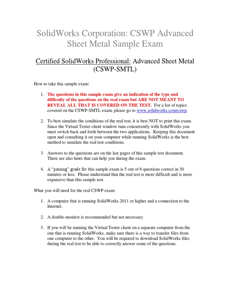 Solidworks Corporation: CSWP Advanced Sheet Metal Sample Exam | PDF