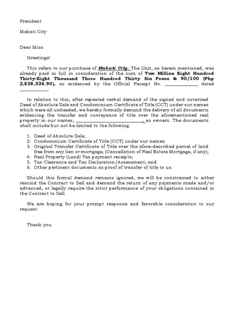Sample Letter To Demand Deed of Sale | PDF