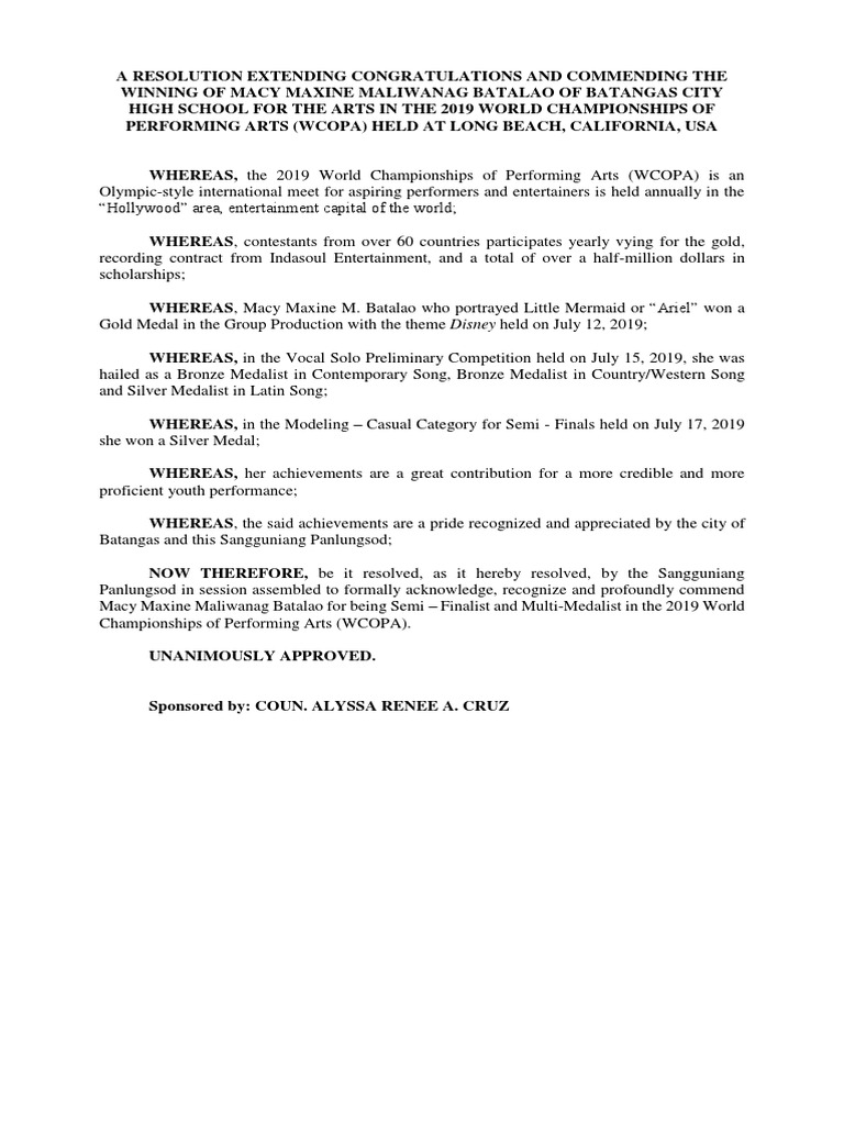 Resolution of Commendation | PDF