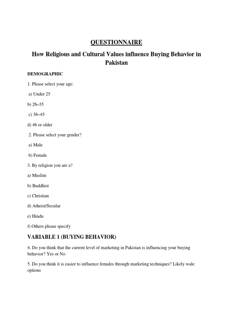 Questionnaire How Religious and Cultural Values Influence Buying ...