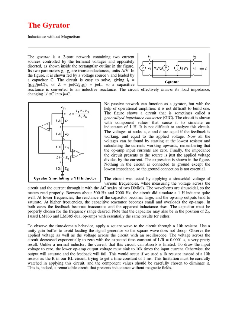 The Gyrator: Generalized Impedance Converter (GIC) - The Circuit Is Shown | PDF | Electrical ...