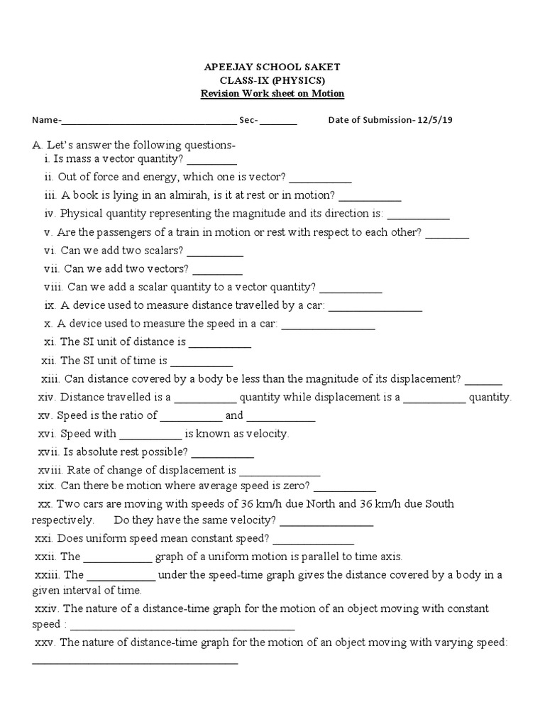 Revision Worksheet on Motion: Answers and Analysis of Questions ...