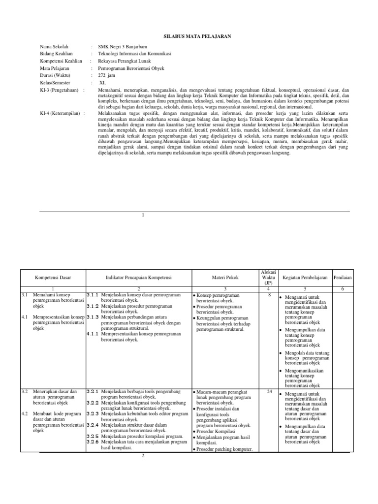 SILABUS RPL XI Pemrograman Berorientasi Obyek | PDF