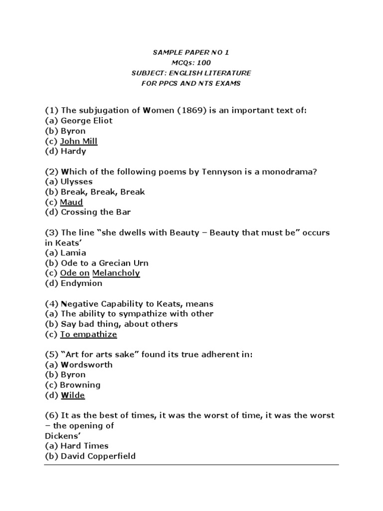 English Literature Model Paper MCQs | PDF | John Keats | English Literature